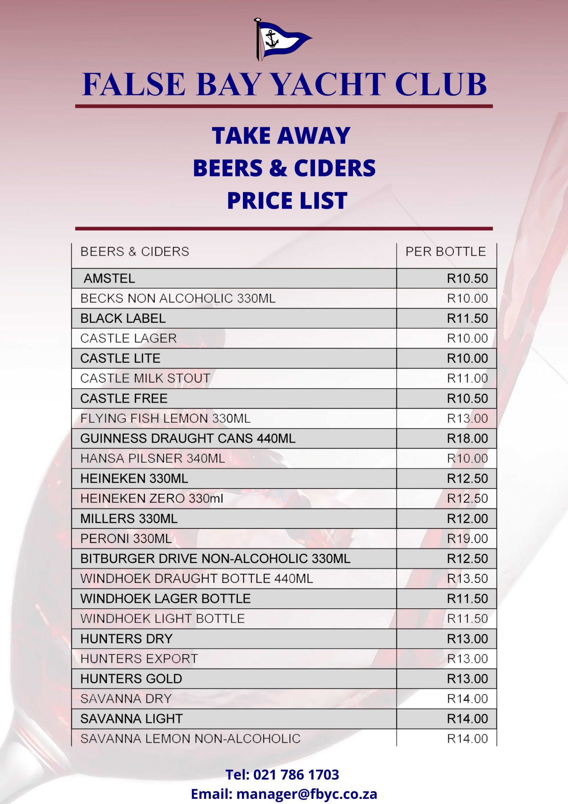 Take Away Bar Price List – False Bay Yacht Club