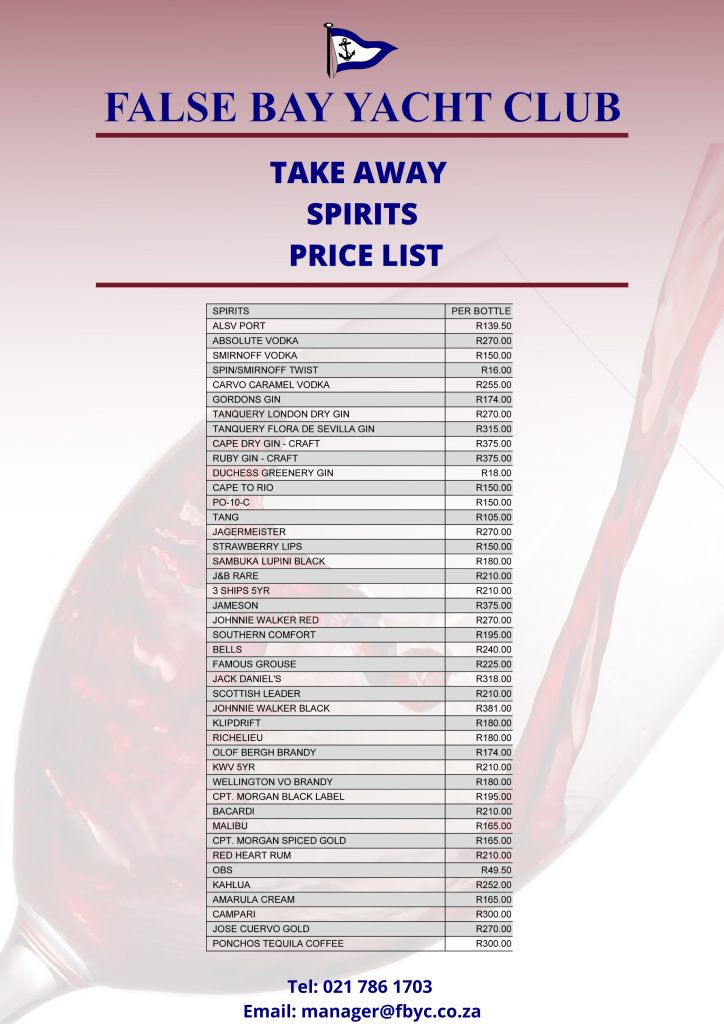 Take Away Bar Price List – False Bay Yacht Club