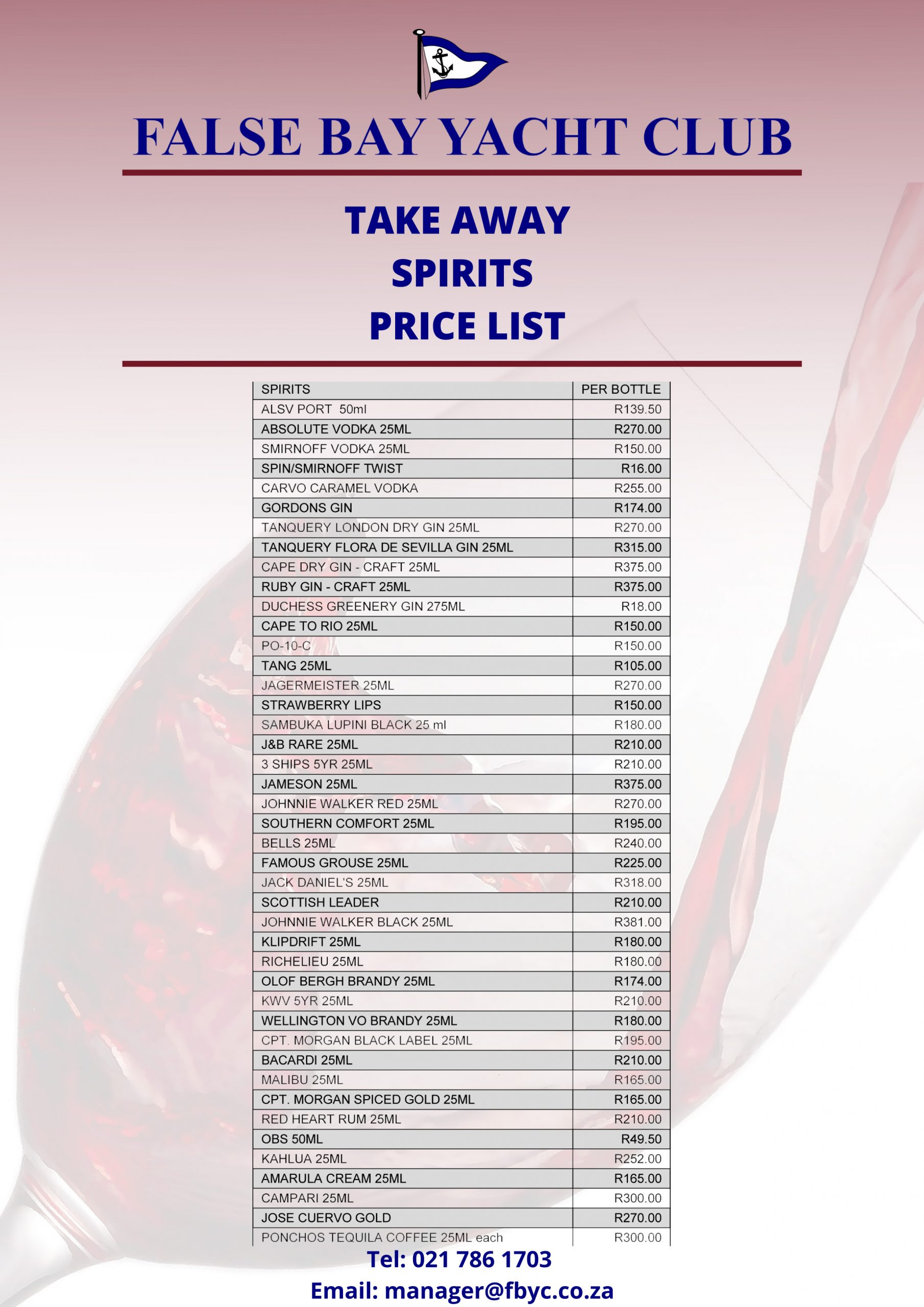 Take Away Bar Price List – False Bay Yacht Club