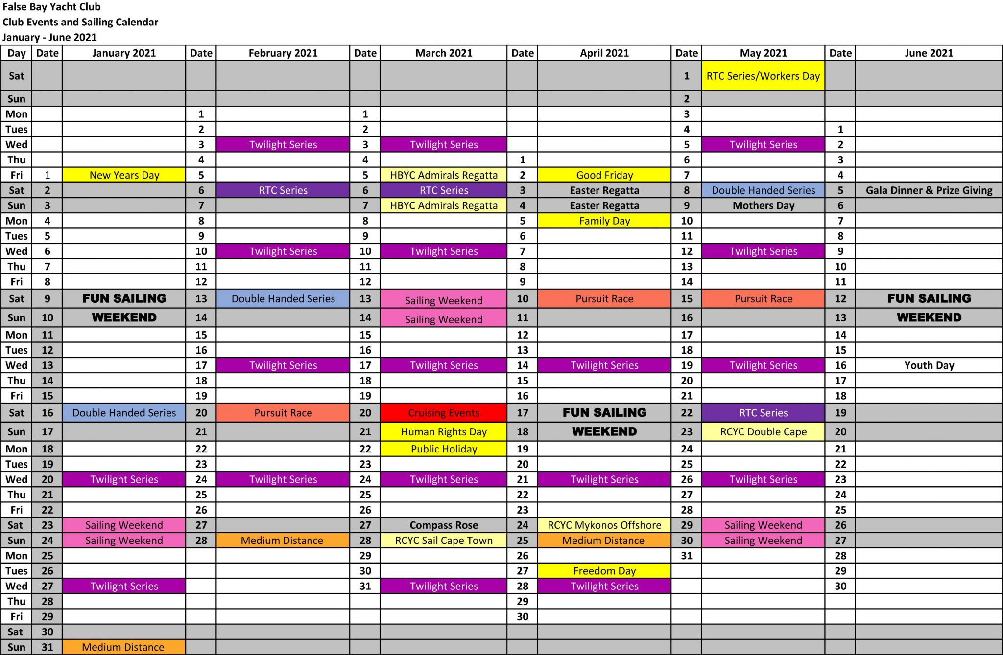 Sailing Calendar 2020 – 2021 – False Bay Yacht Club